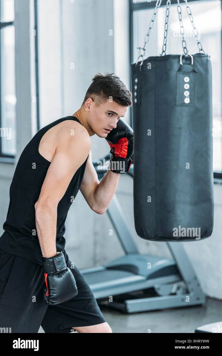 athletic young man in boxing gloves training with punching bag in gym ...