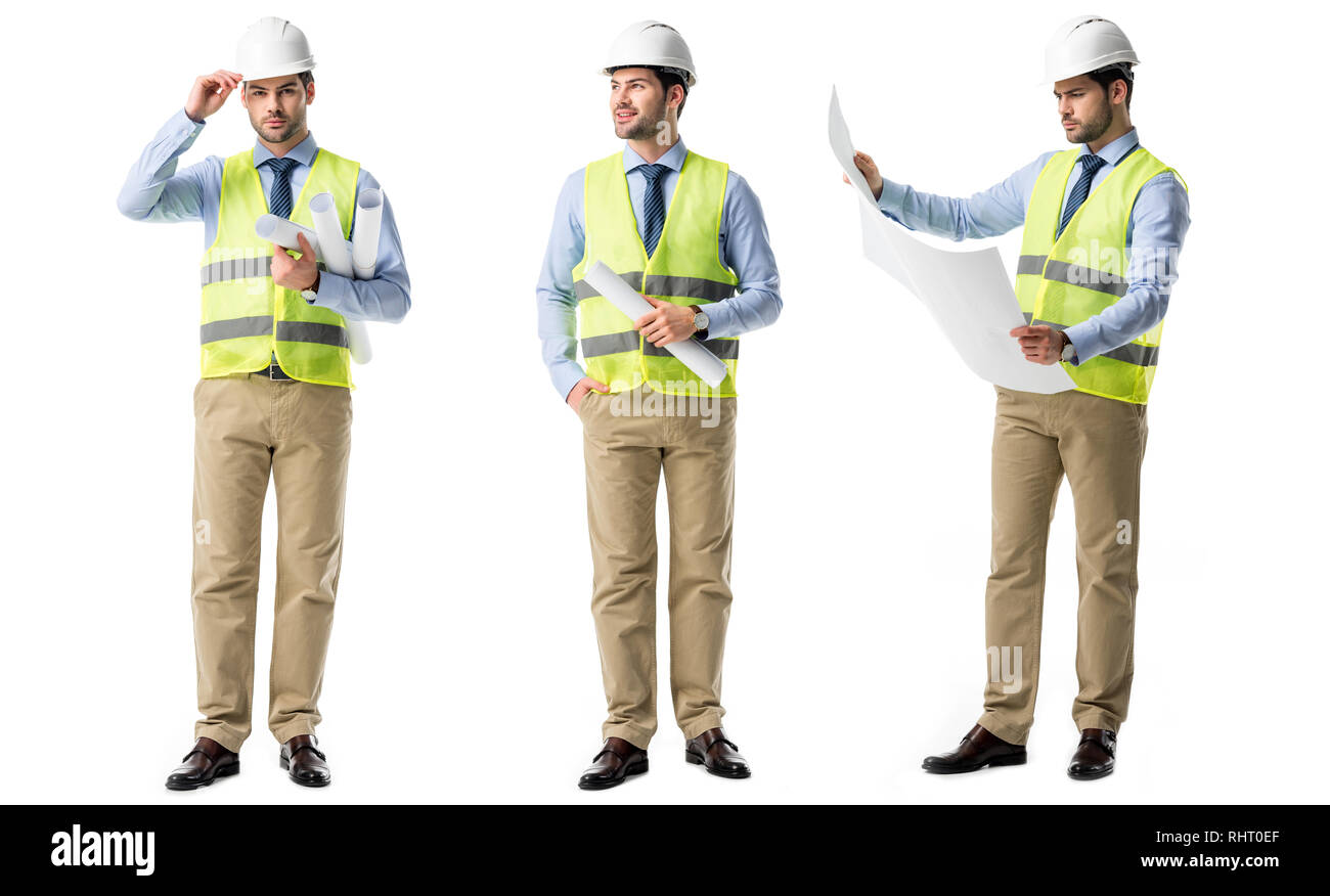 collage of handsome architect wearing green vest and hardhat with ...