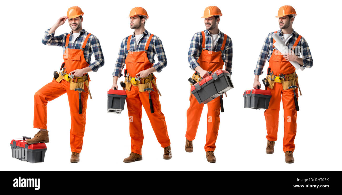 collage of handsome repairman in orange uniform holding tool case and ...