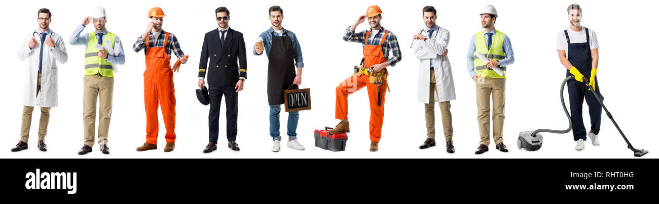 collage of handsome man showing different professions isolated on white ...