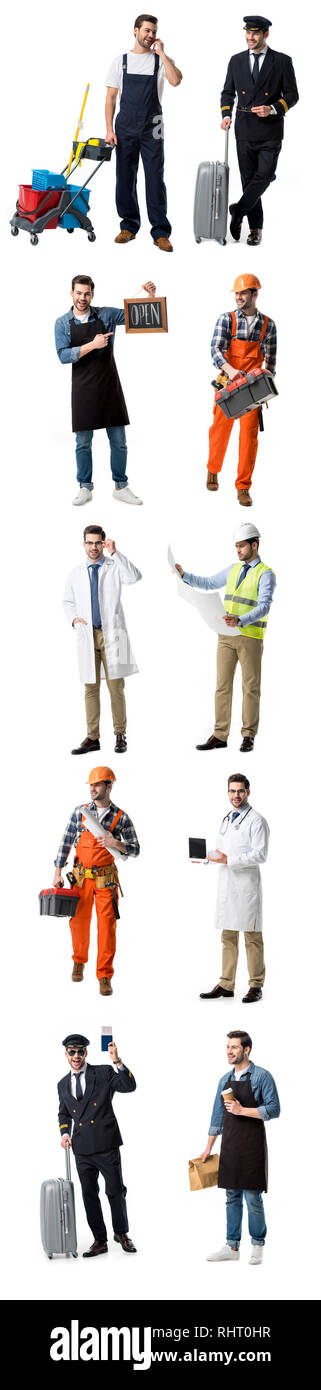 collage of handsome man showing different professions isolated on white ...