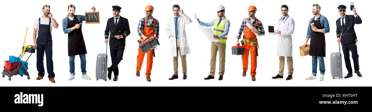 collage of handsome man showing different professions isolated on white ...