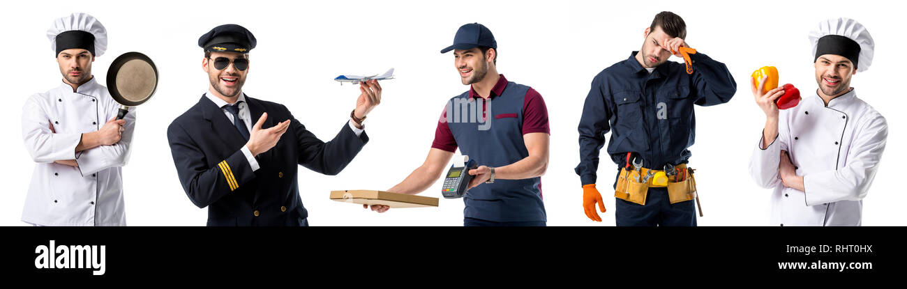 collage of handsome man showing different professions isolated on white ...