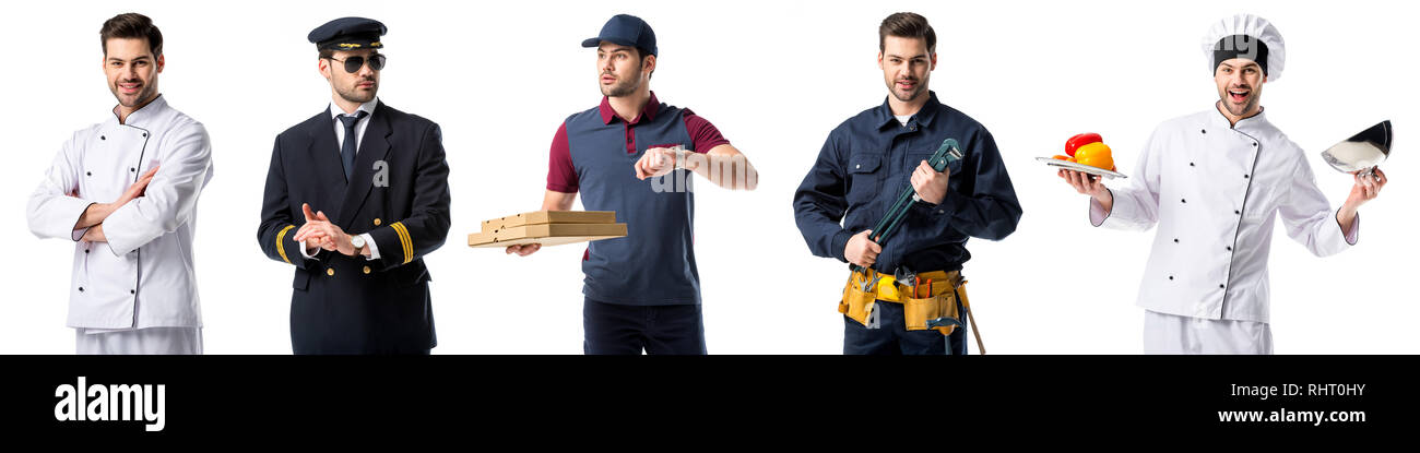 collage of handsome man showing different professions isolated on white ...