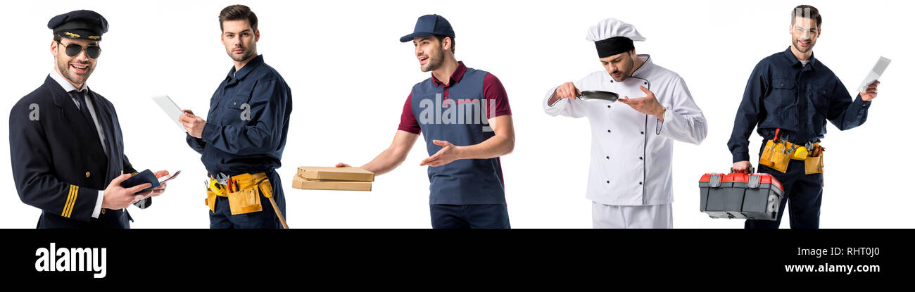 collage of handsome man showing different professions isolated on white ...