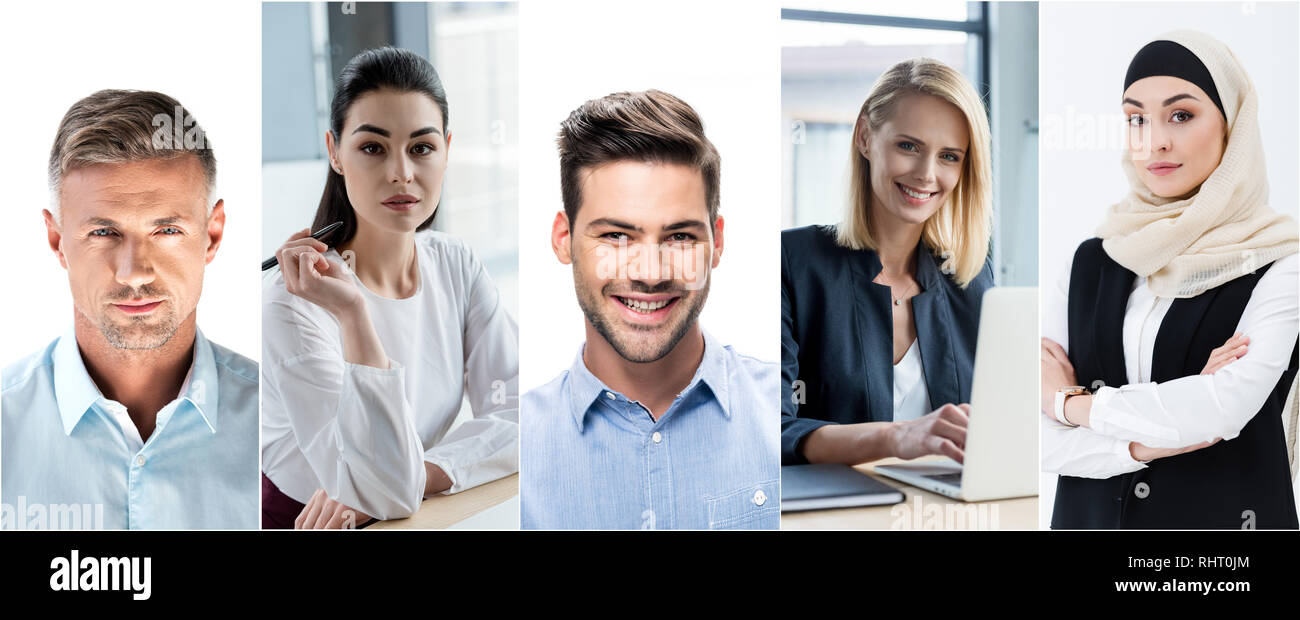 collage of portraits handsome men on white background and businesswomen ...