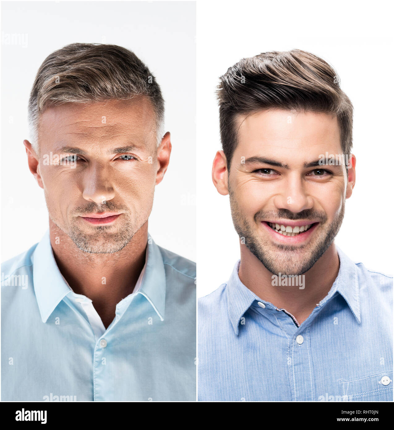 collage of portraits handsome men in white and blue shirts on white ...