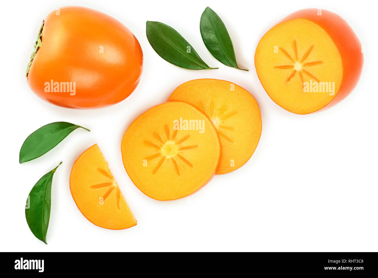 persimmon slice with leaves isolated on white background with copy ...