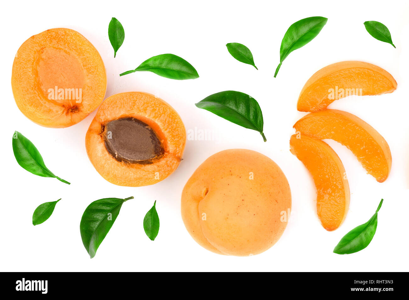 Apricot fruits with leaves isolated on white background. Top view. Flat ...