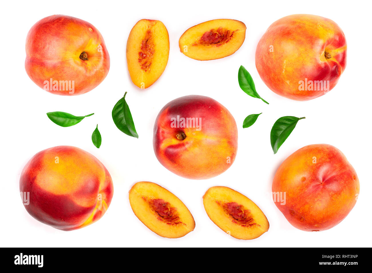 ripe nectarine with leaves isolated on white background. Top view. Flat ...