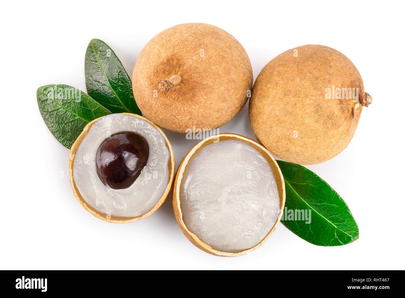 Fresh longan fruit with leaves isolated on white background. Top view ...