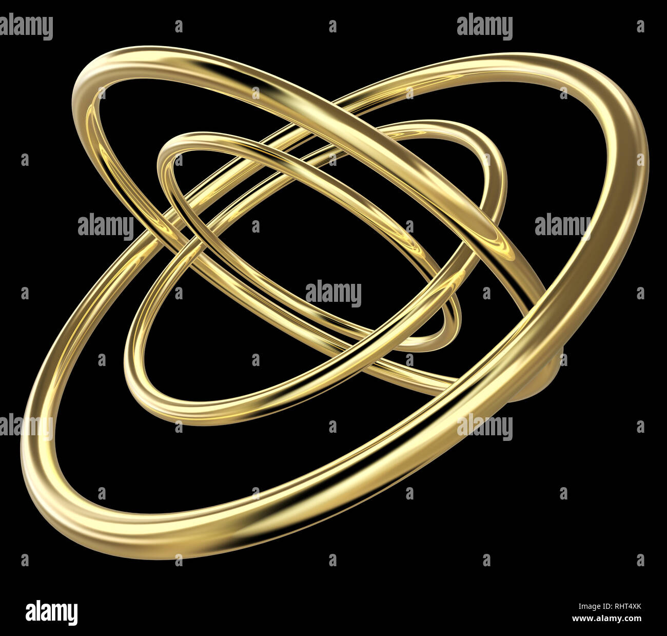 3D rendering of four concentric golden rings rotated relatively to each ...
