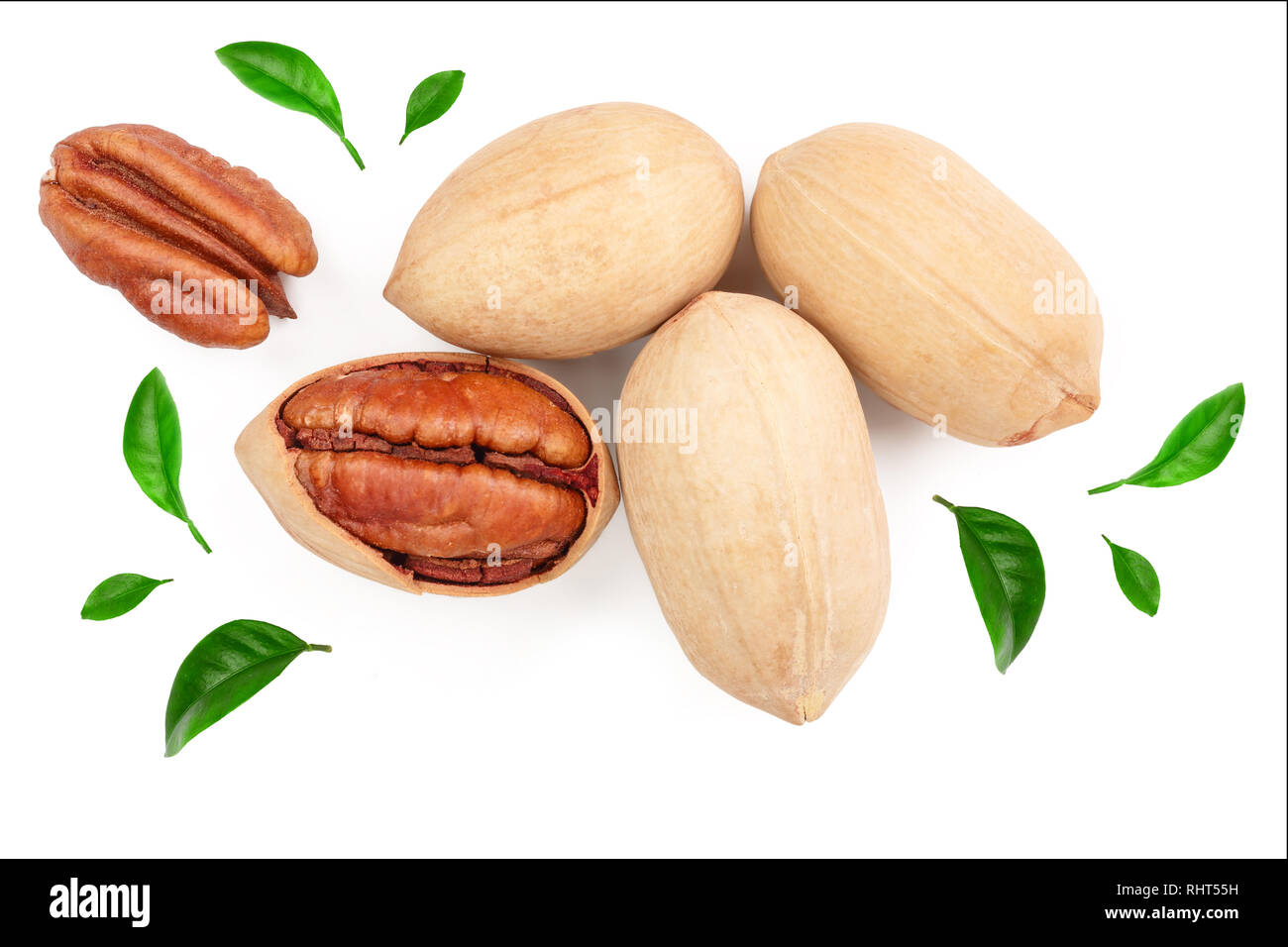 pecan nut decorated with green leaves isolated on white background. Top ...