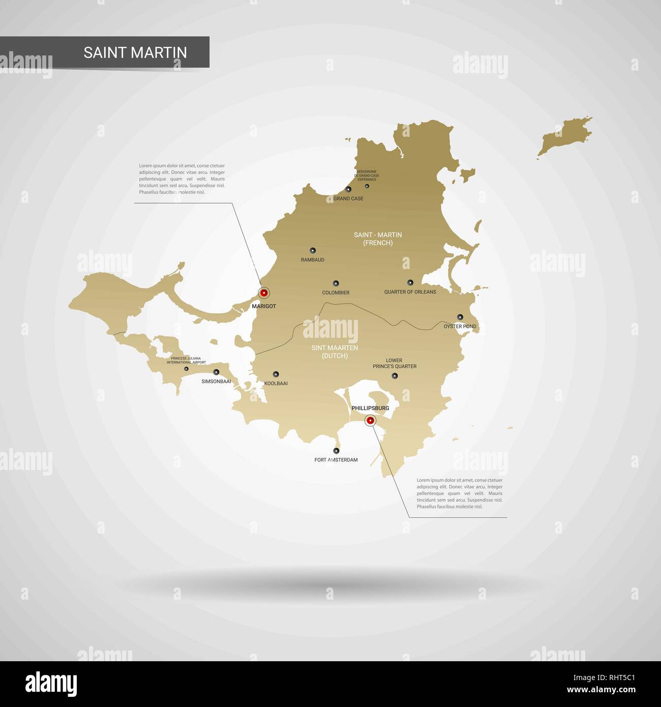 Stylized vector Saint Martin map. Infographic 3d gold map illustration ...