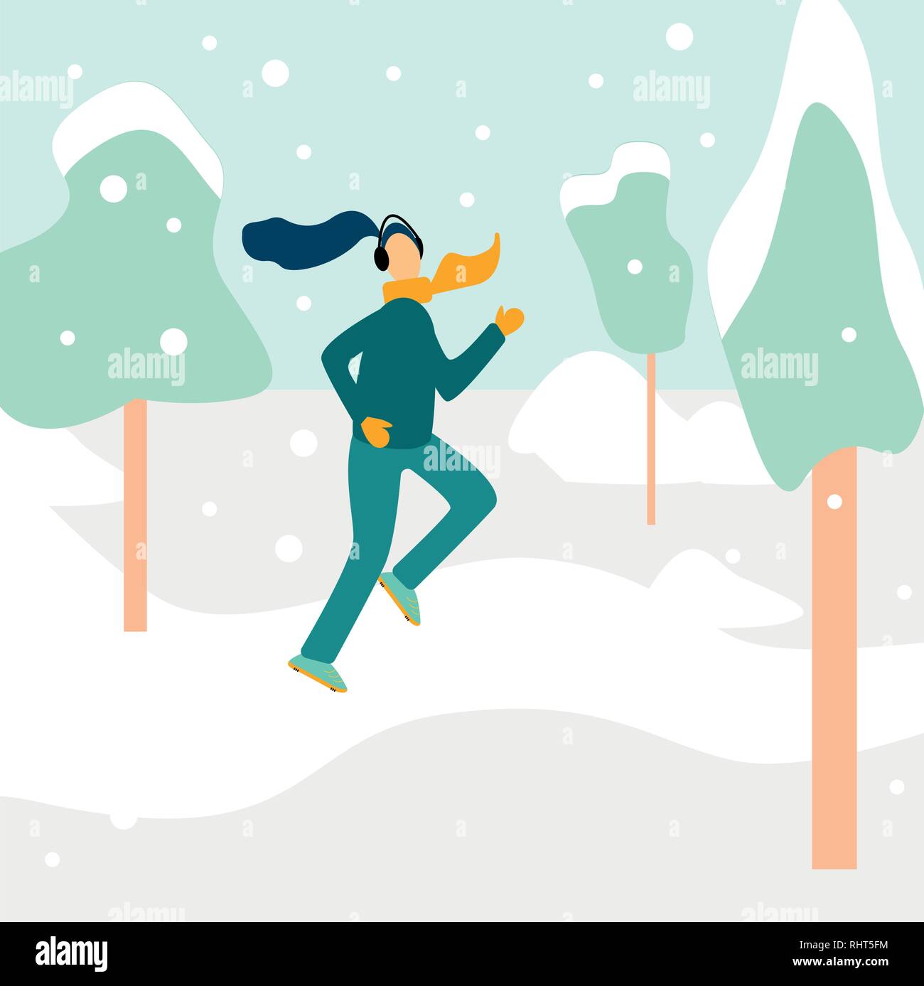Cute woman in winter gear running outside in snow-covered park. Vector ...