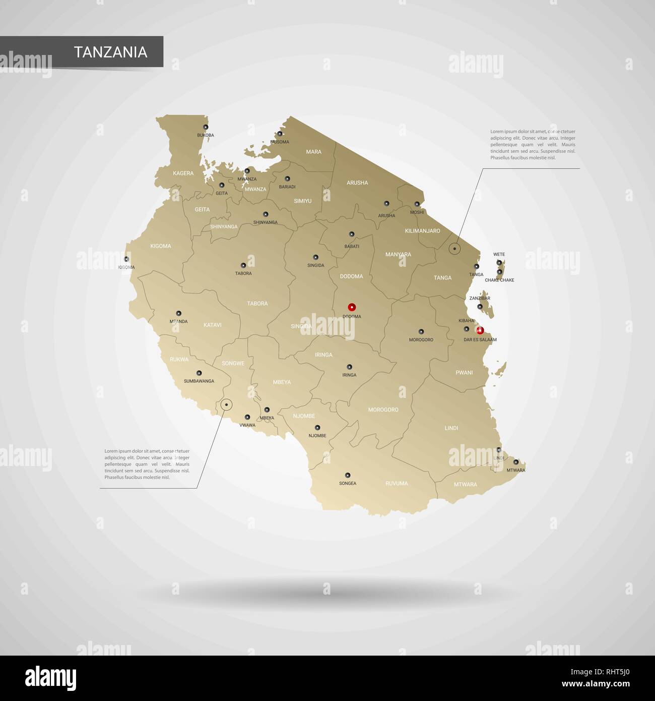 Stylized vector Tanzania map. Infographic 3d gold map illustration with ...