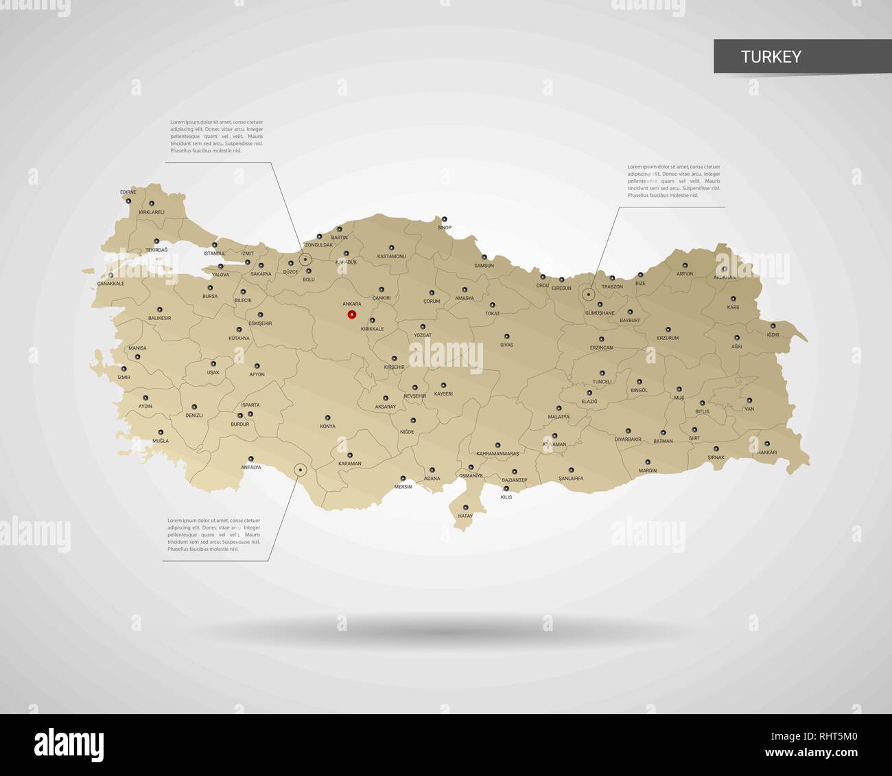Stylized vector Turkey map. Infographic 3d gold map illustration with ...