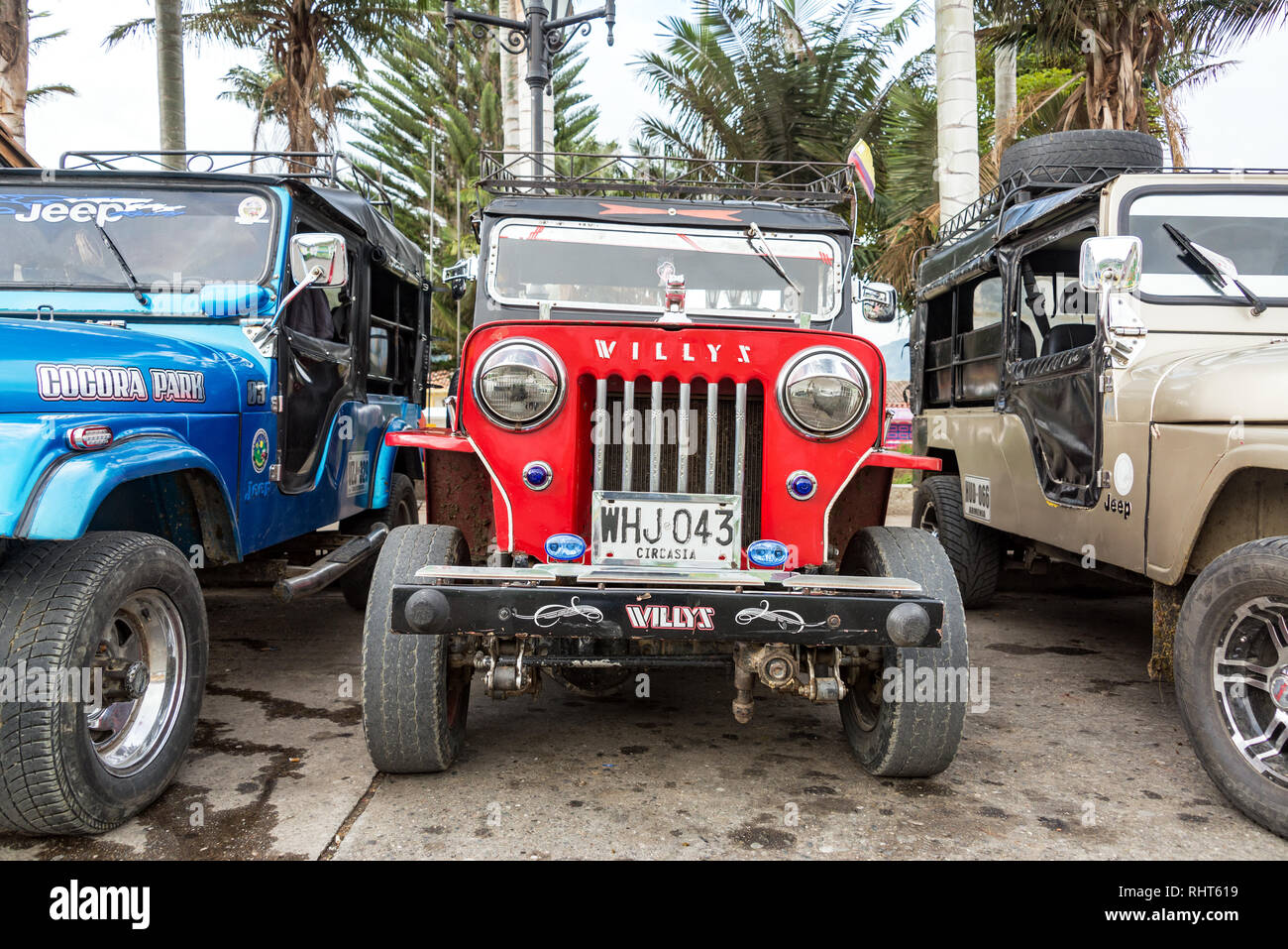 SALENTO, COLOMBIA - JUNE 6: Red Willys Jeep in the plaza in Salento ...