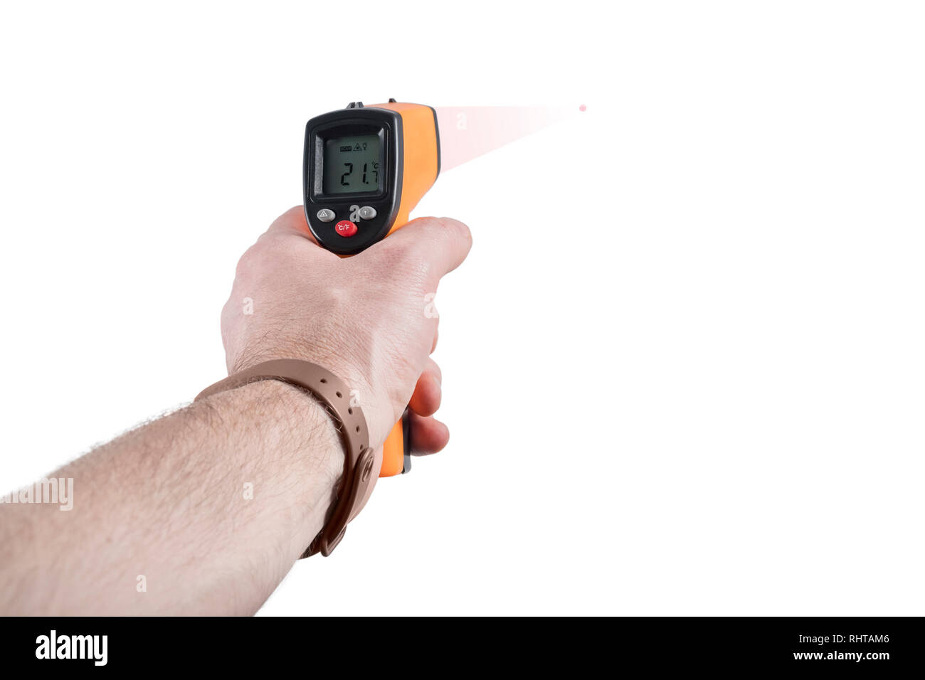 Infrared thermometer in a man hand measures the temperature, isolated ...