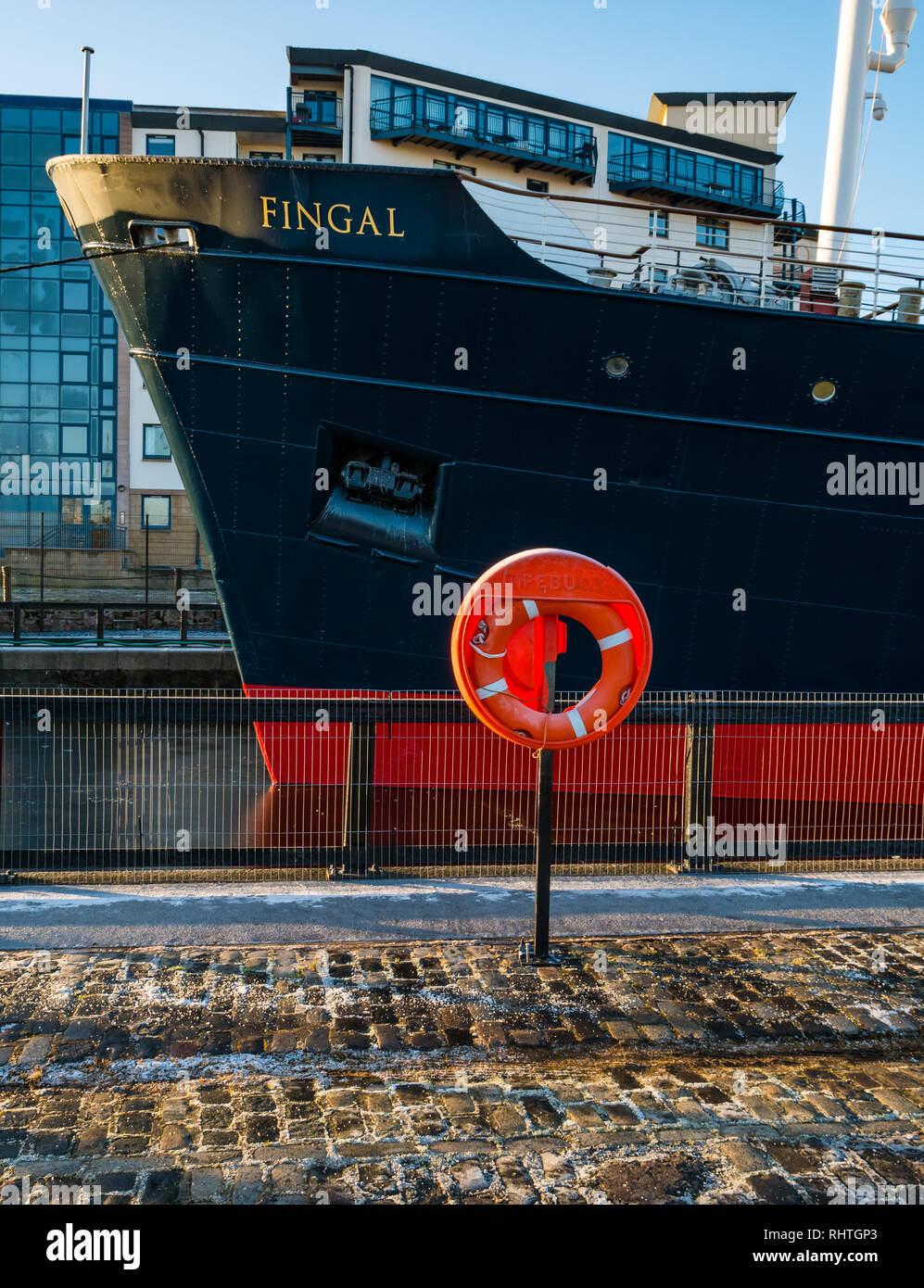 MV Fingal ship, luxury floating hotel, in Winter with frost on quay ...