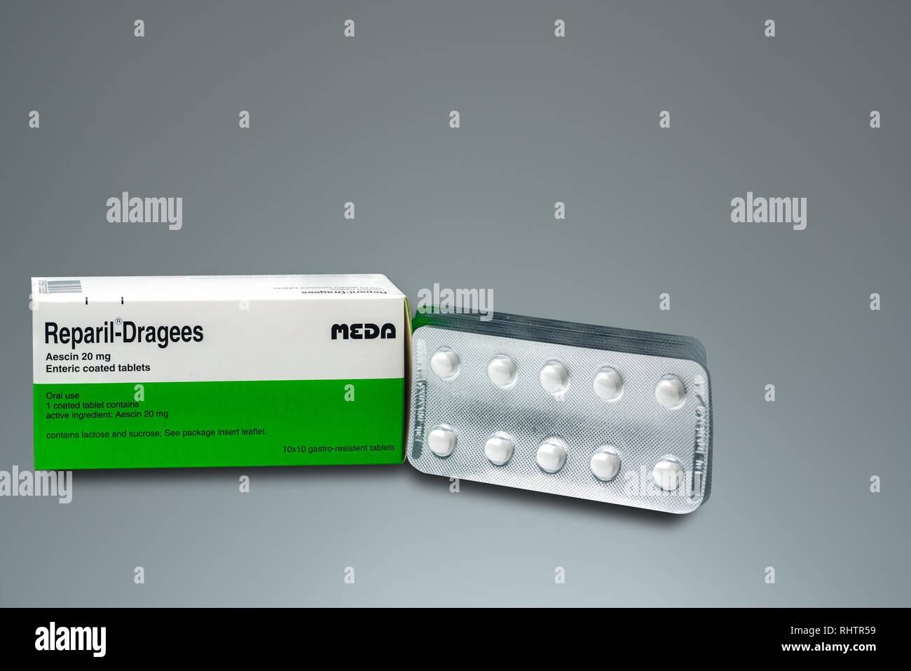 CHONBURI, THAILAND-AUGUST 3, 2018 : Reparil-Dragees. Aescin 20 mg ...