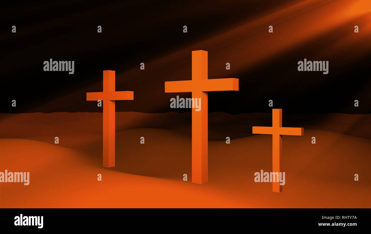 Three christian crosses are on ground and sun rays, resurrection Easter ...