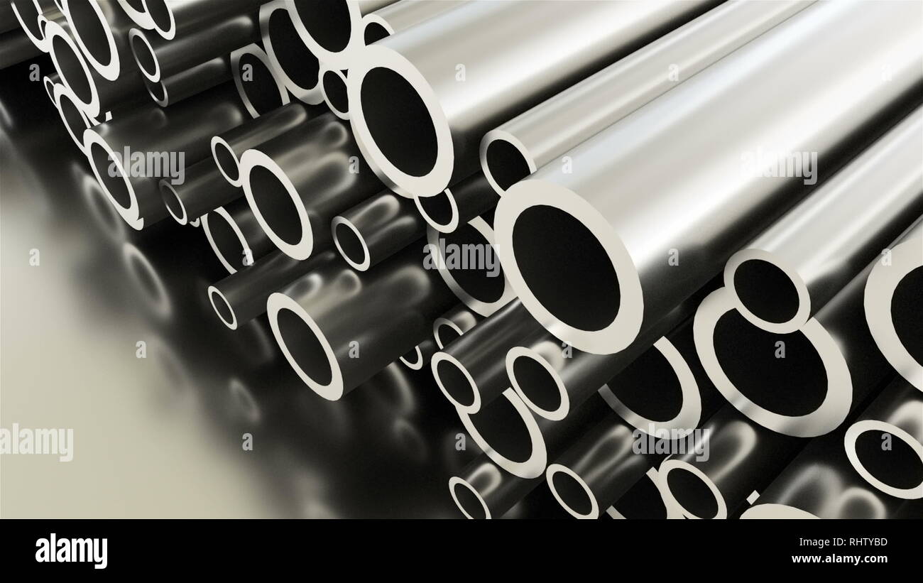 Rolled round metal industrial shiny tubes background, 3d render of ...