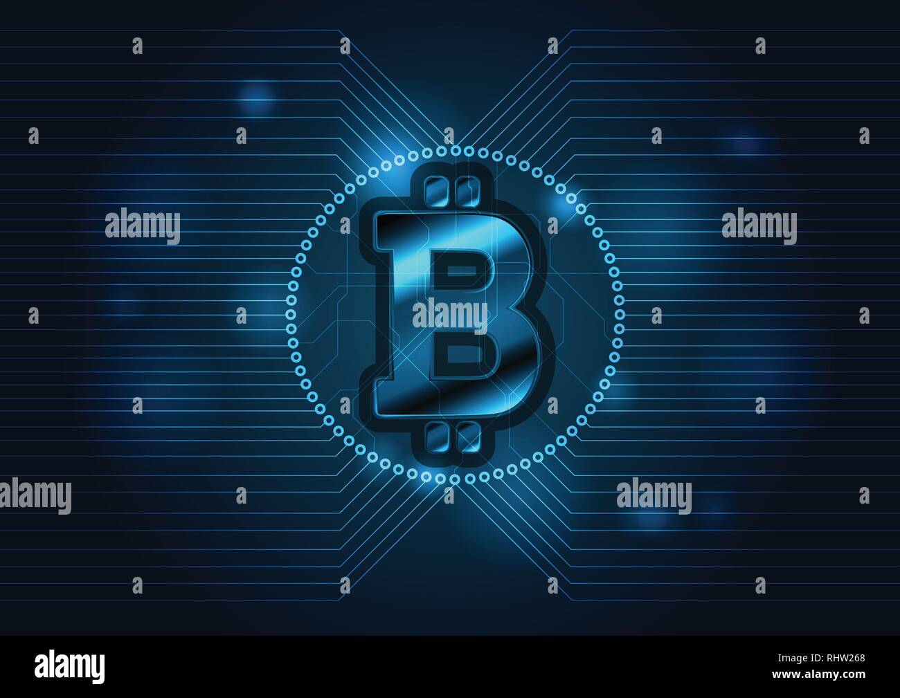 Dark blue technology background with bitcoin money emblem and circuit ...