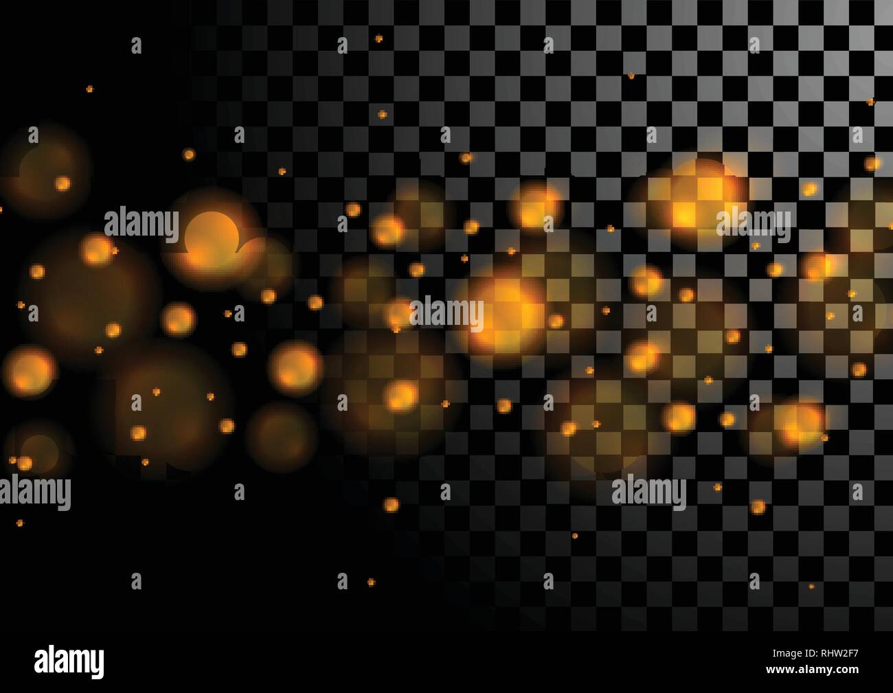 Orange luminous bokeh lights particles on checkered transparent ...