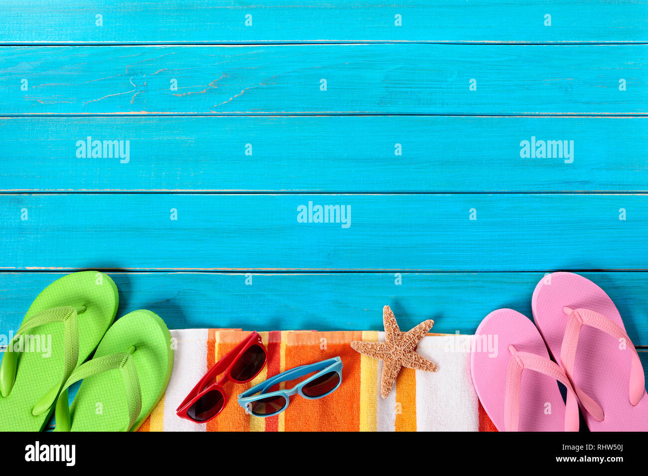 Summer beach objects border, sunglasses, flip flops, copy space Stock ...
