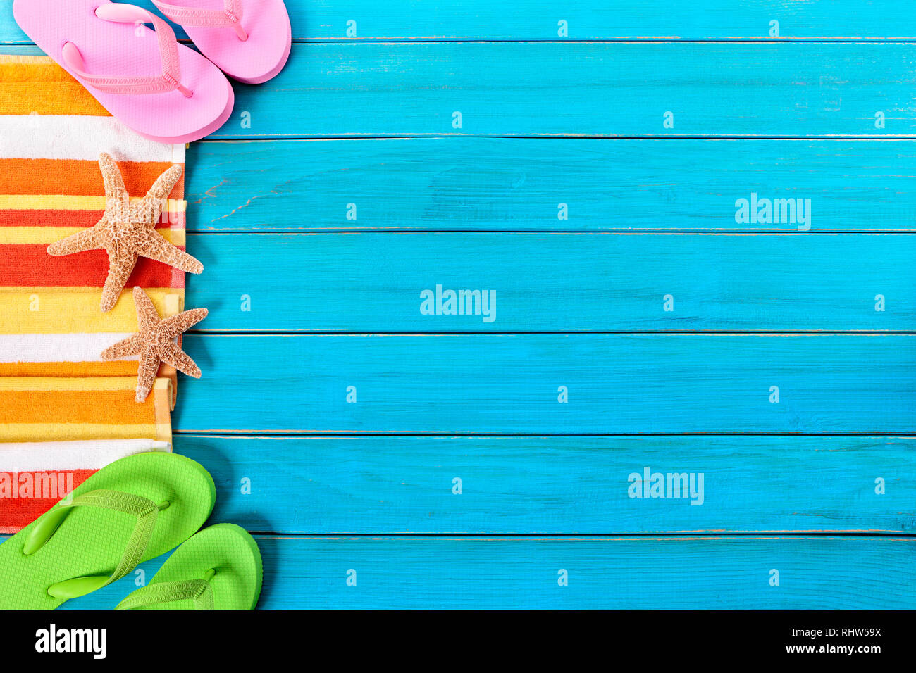 Summer beach objects border, sunglasses, flip flops, copy space Stock ...