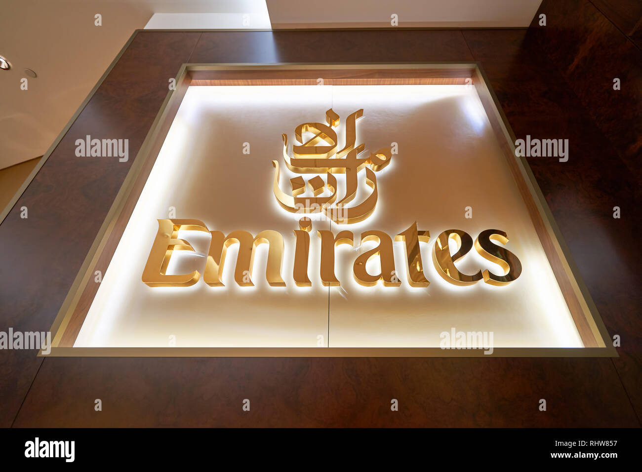 DUBAI, UAE - MARCH 09, 2016: close up shot of Emirates logo. Emirates ...