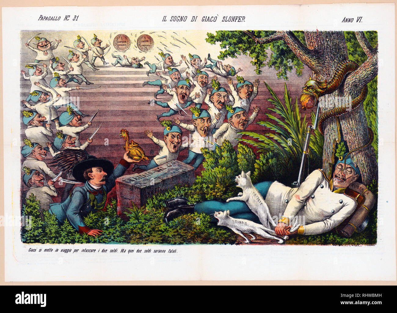 Italian political cartoon shows an Austrian soldier asleep beneath a ...