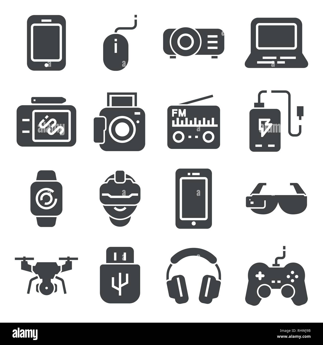 Gadget gray icons set. Joystick and memory card, device technology ...