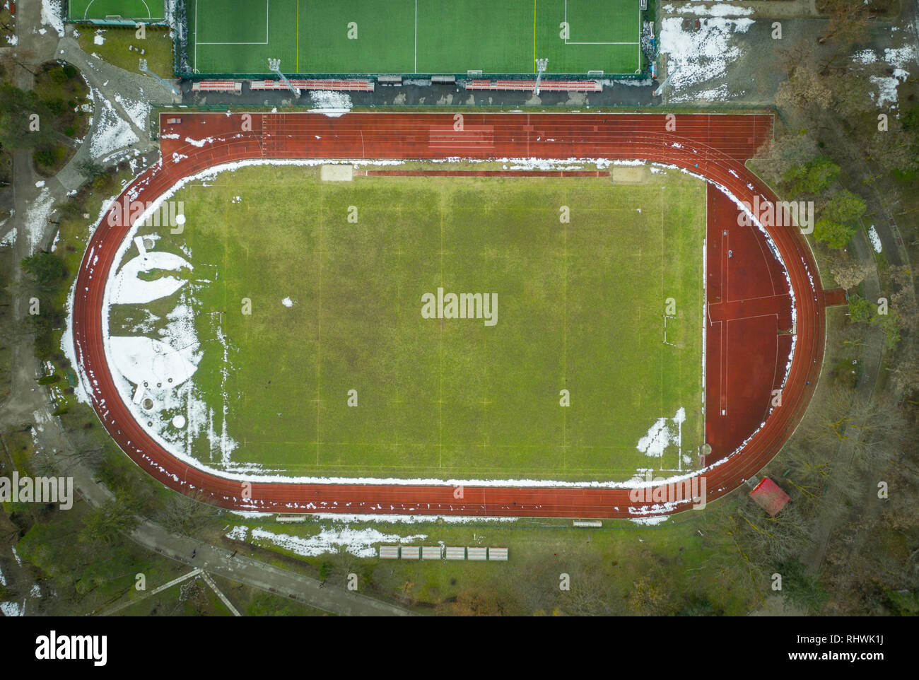 Aerial view of athletics and soccer field from a drone Stock Photo - Alamy