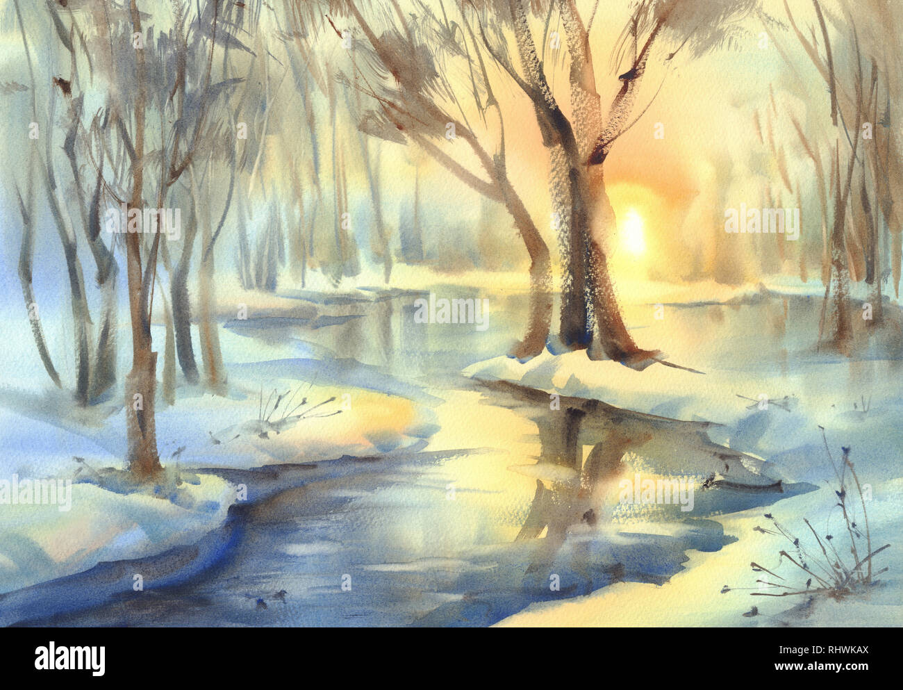 sunny winter landscape with a river watercolor Stock Photo - Alamy