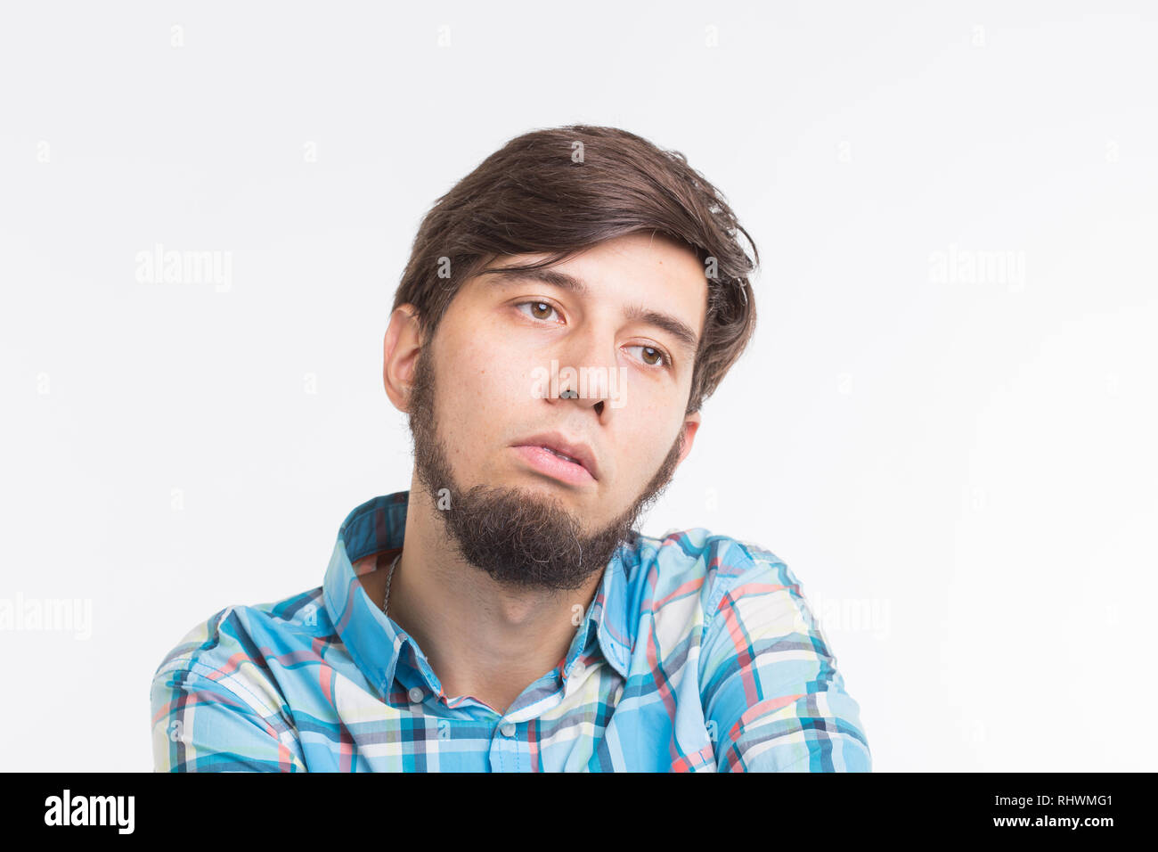 Process, problem, people concept - young man thinking about problem ...