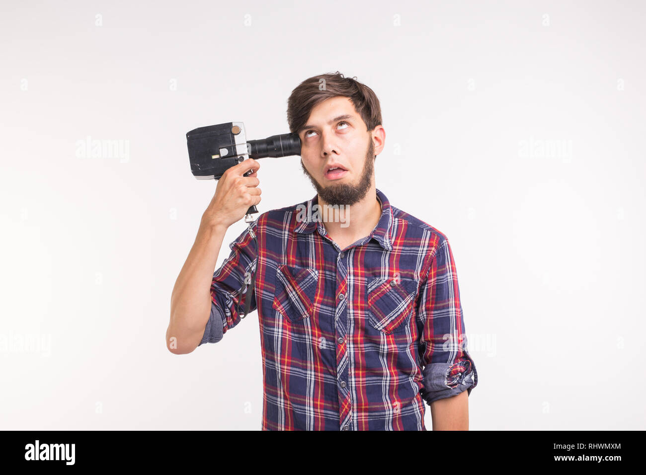 Joke, photo and gesture concept - young funny silly man posing with ...
