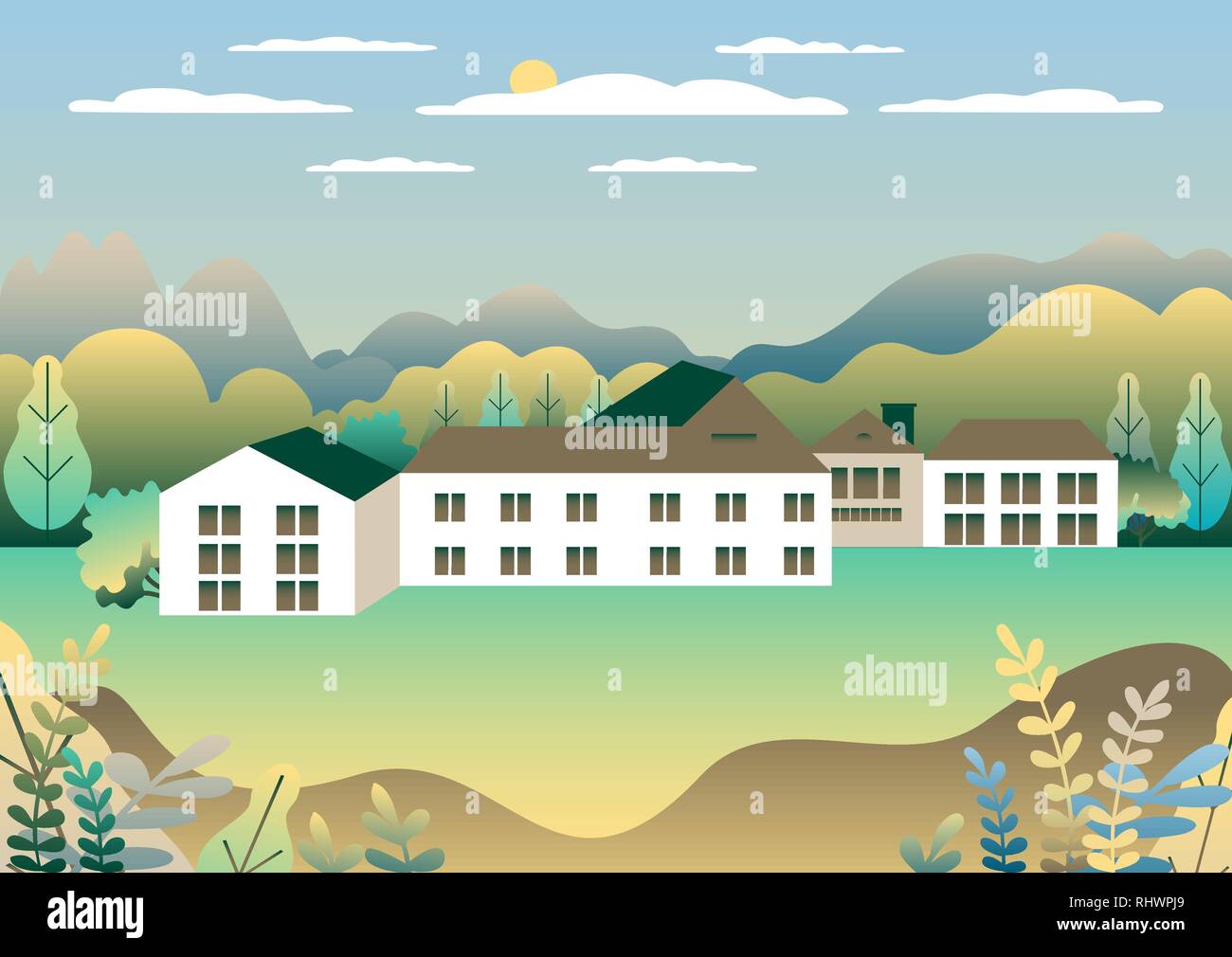 Rural valley Farm countryside. Village landscape with ranch in flat ...