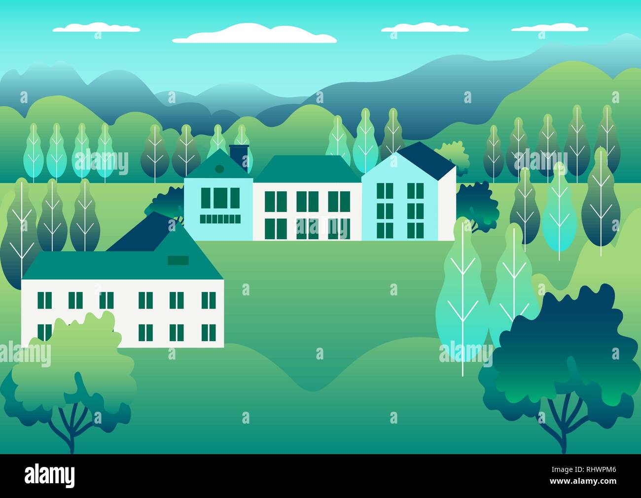 Rural valley Farm countryside. Village landscape with ranch in flat ...