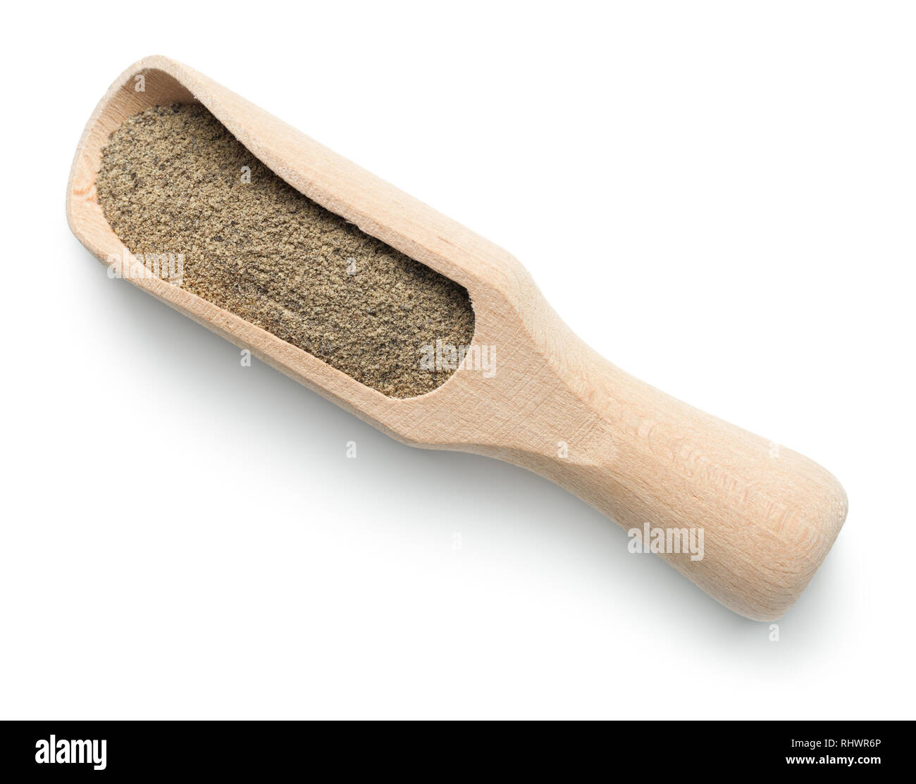 Black pepper powder on wooden scoop isolated on white background. Top ...