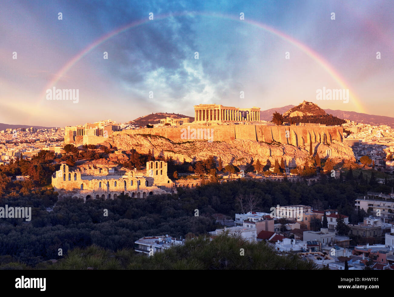Acropolis of Athens, Greece, with the Parthenon Temple during sunset ...