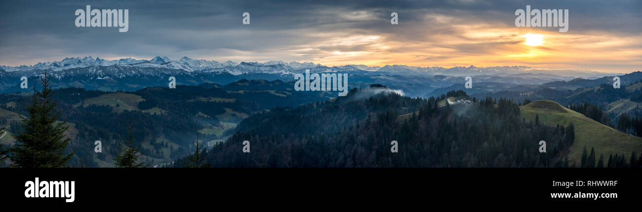 sunset panorama from Napf with Eiger, Mönch and Jungfrau, Niesen and ...