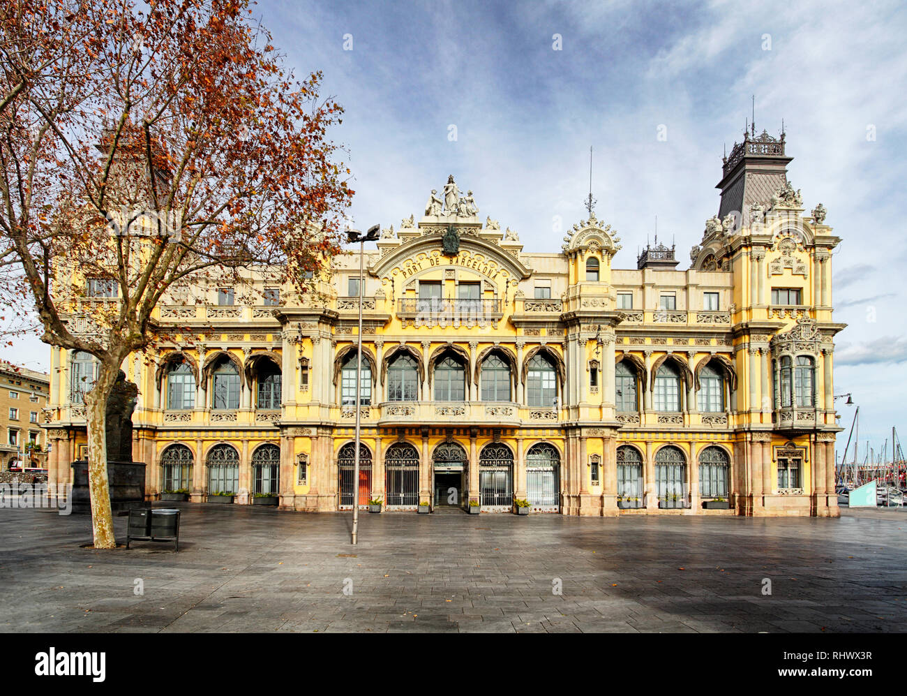 Historical building of Port in Barcelona. Port Vell at harbor and ...