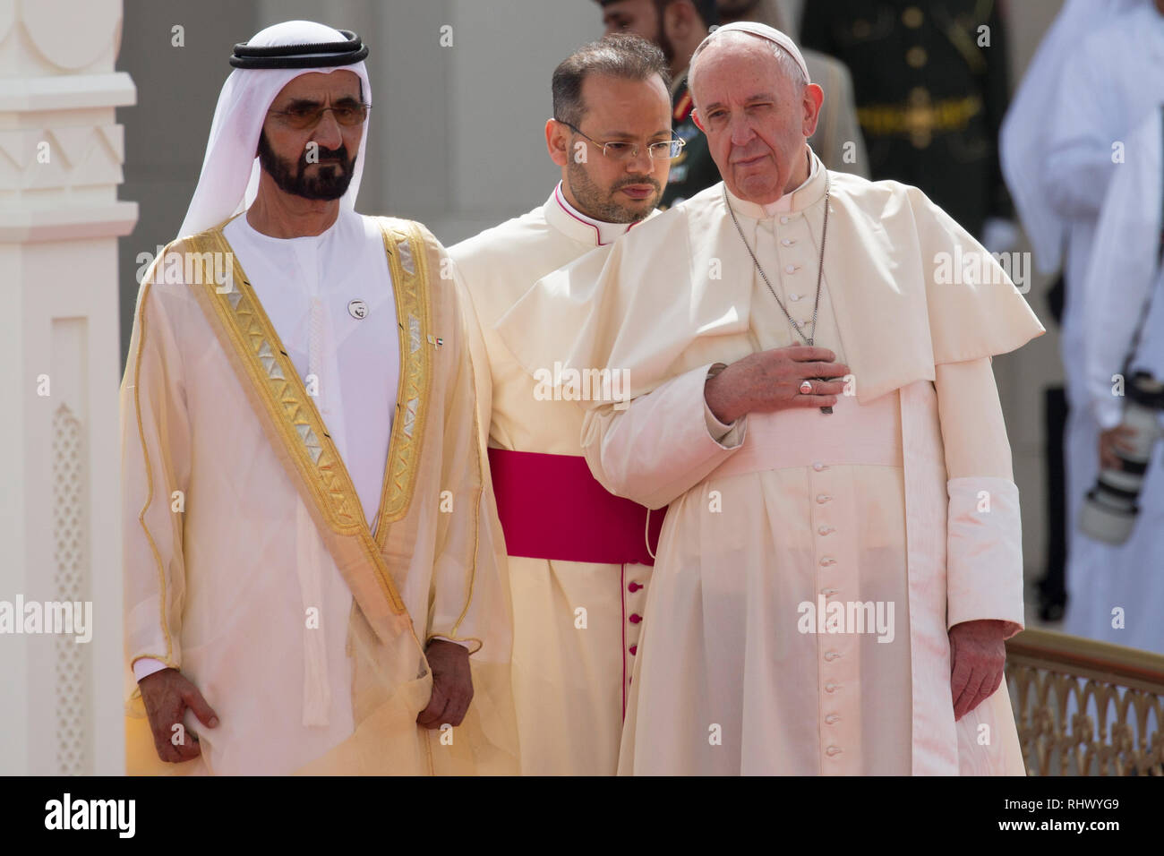 Abu Dhabi, United Arab Emirates. 04th Feb, 2019. Pope Francis (R) is ...