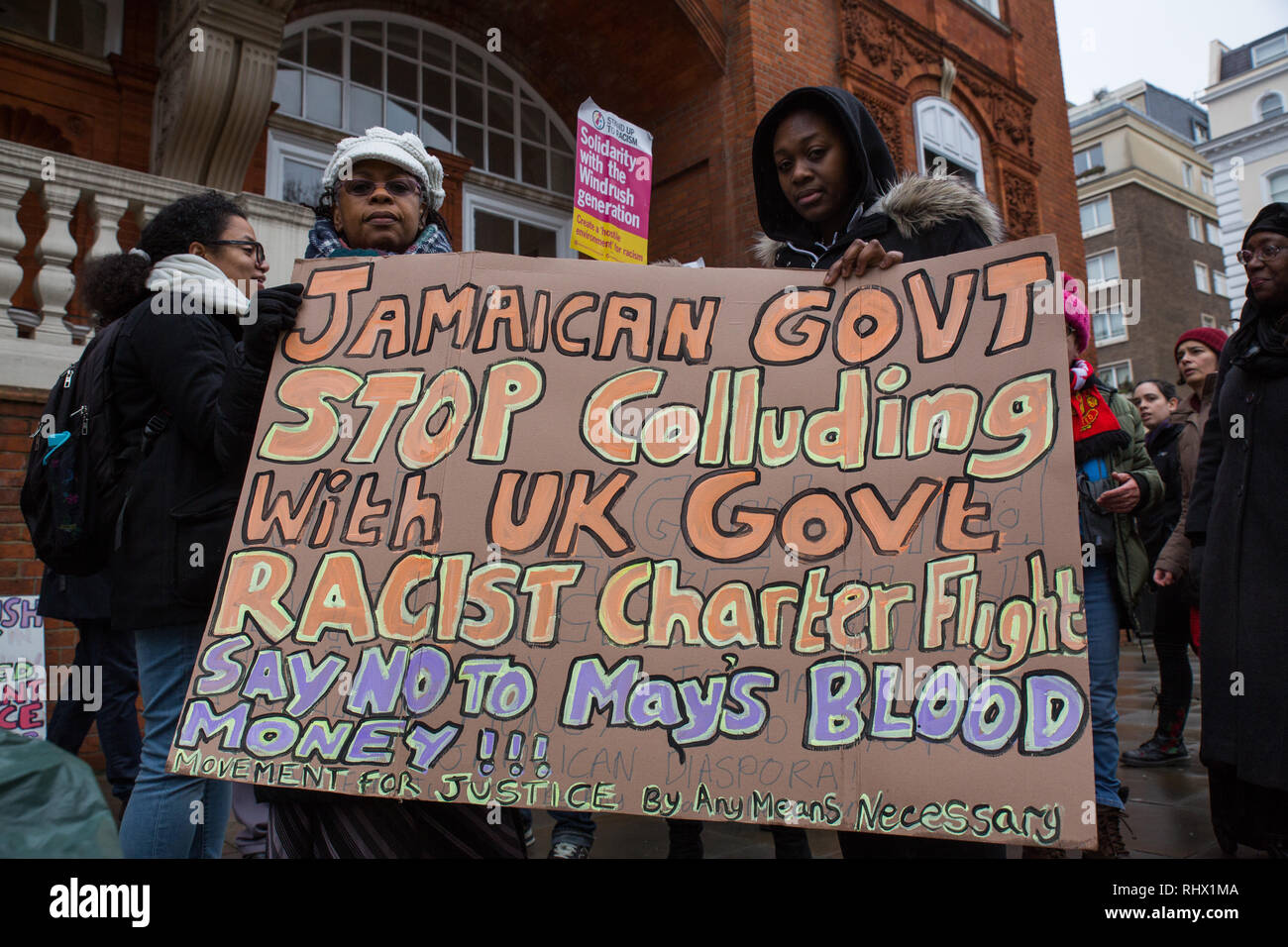 London, UK. 4th Feb, 2019. Protesters assemble outside the Jamaican ...