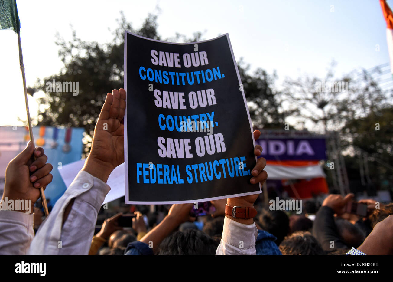 Kolkata, WEST BENGAL, India. 4th Feb, 2019. A protester seen holding a ...