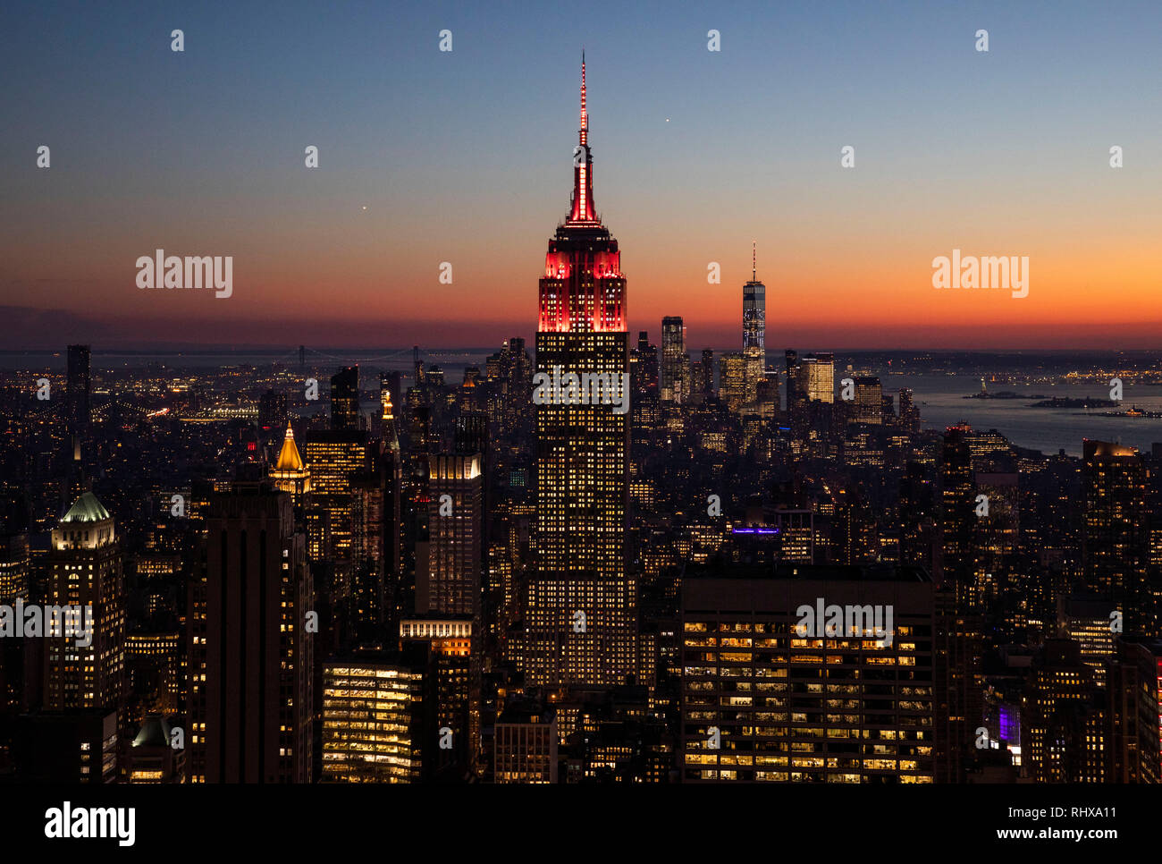 New York, USA. 4th Feb, 2019. The top of the landmark Empire State ...