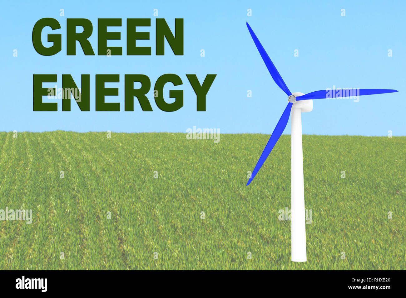 3D illustration of GREEN ENERGY title on clear sky as a background ...