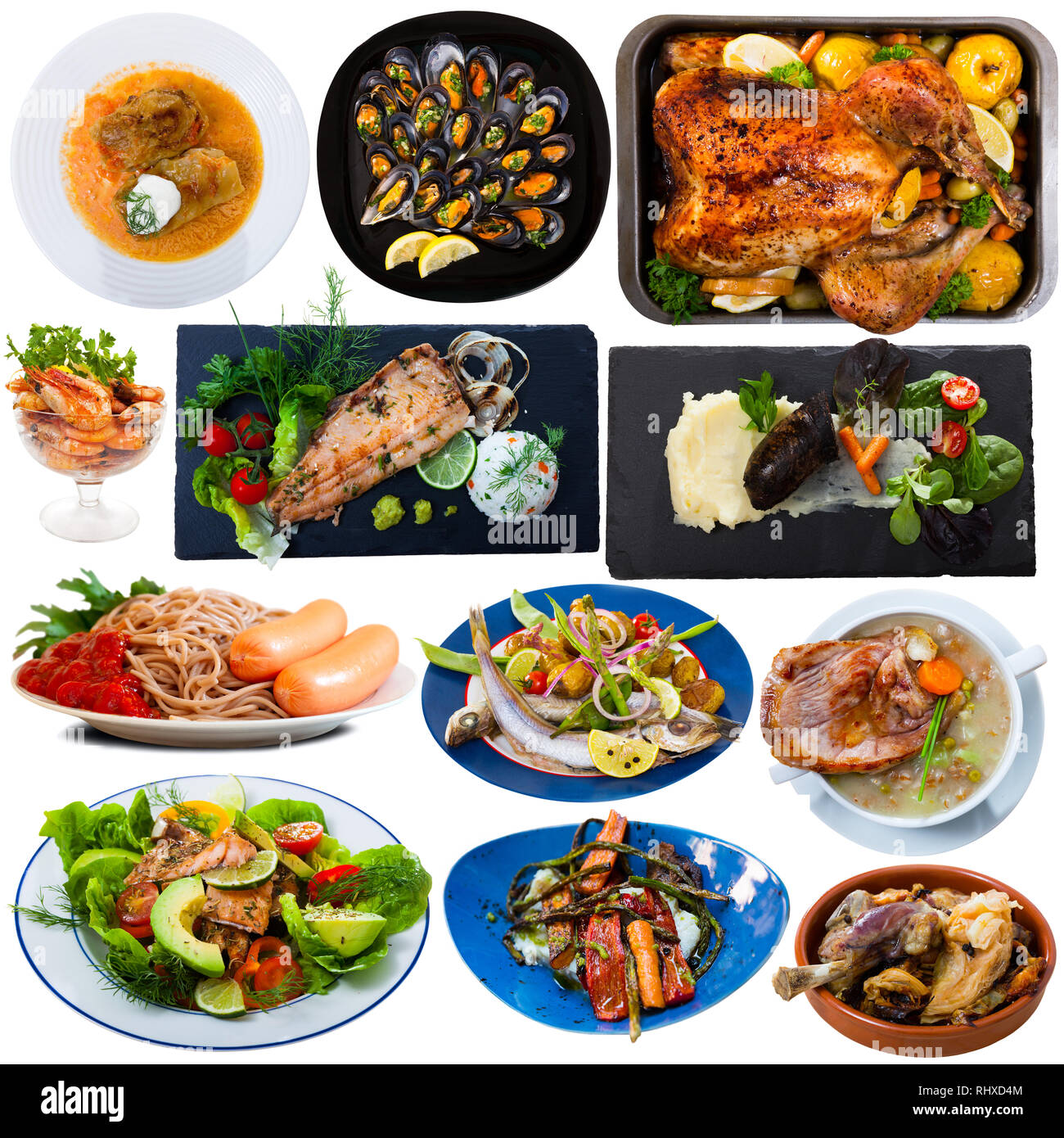 Set of various plates of food isolated on white background Stock Photo ...